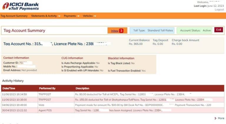 Check ICICI FASTag Trip Statement