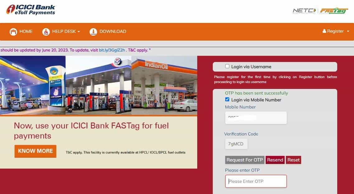Check ICICI FASTag Trip Statement